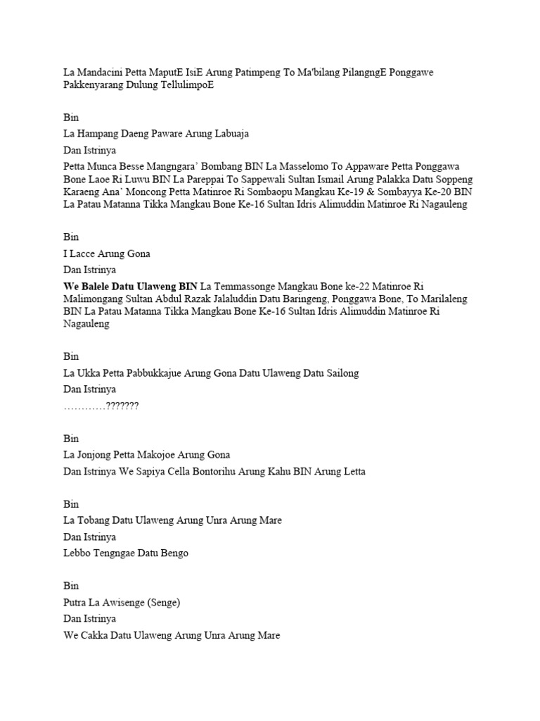 La Mandacini Petta MaputE IsiE Arung Patimpeng To Ma | PDF