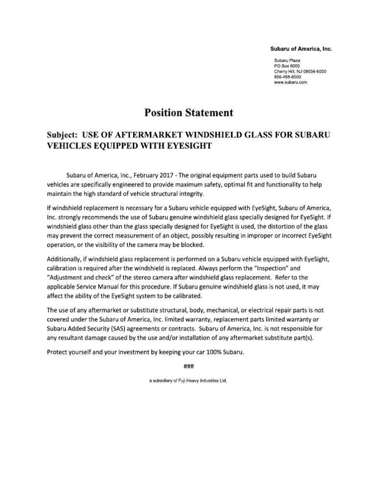 Subaru Windsheild Position Statement | PDF