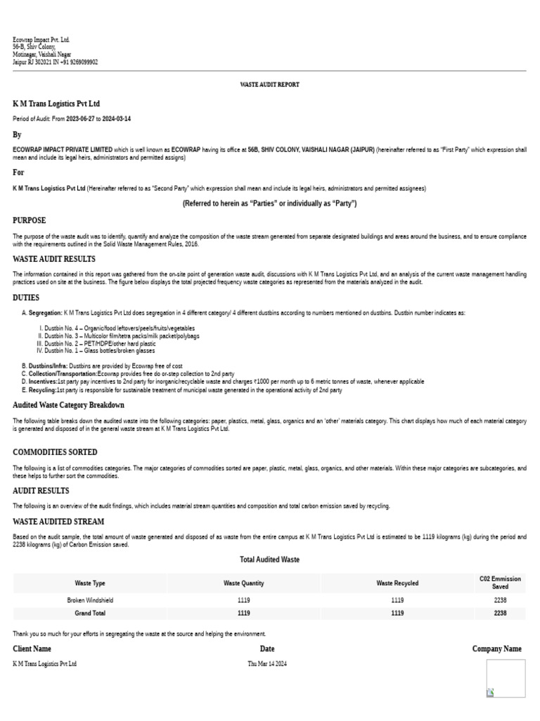 Waste Audit Report for K M Trans Logistics | PDF | Waste | Recycling
