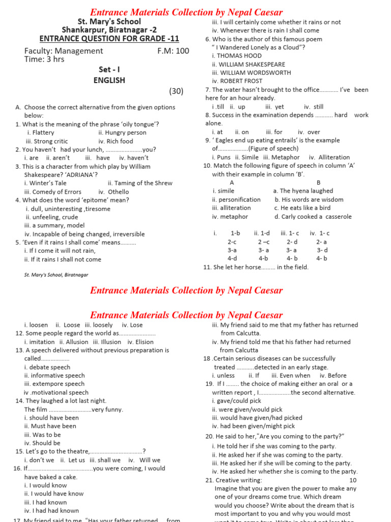Grade 11 Entrance Exam Questions | PDF | William Shakespeare