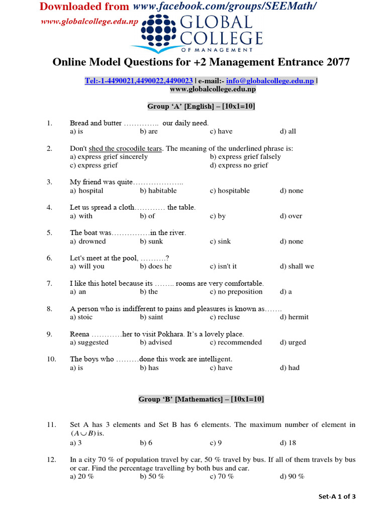 Model Questions for +2 Management 2077 | PDF