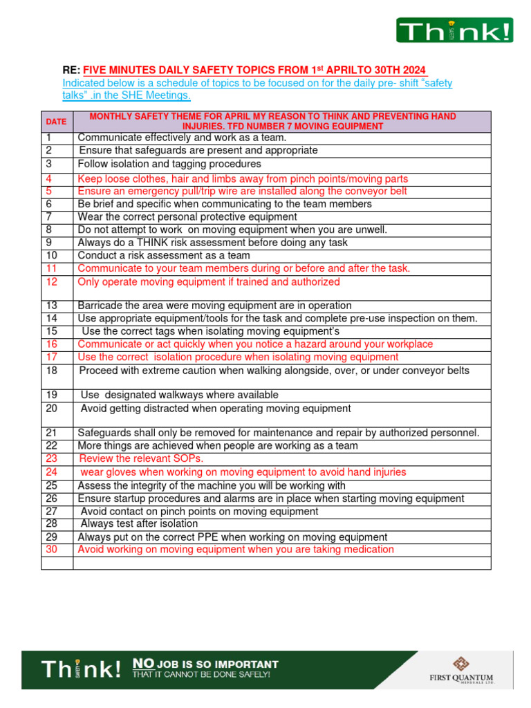 Daily Safety Topics For April 2024 | PDF