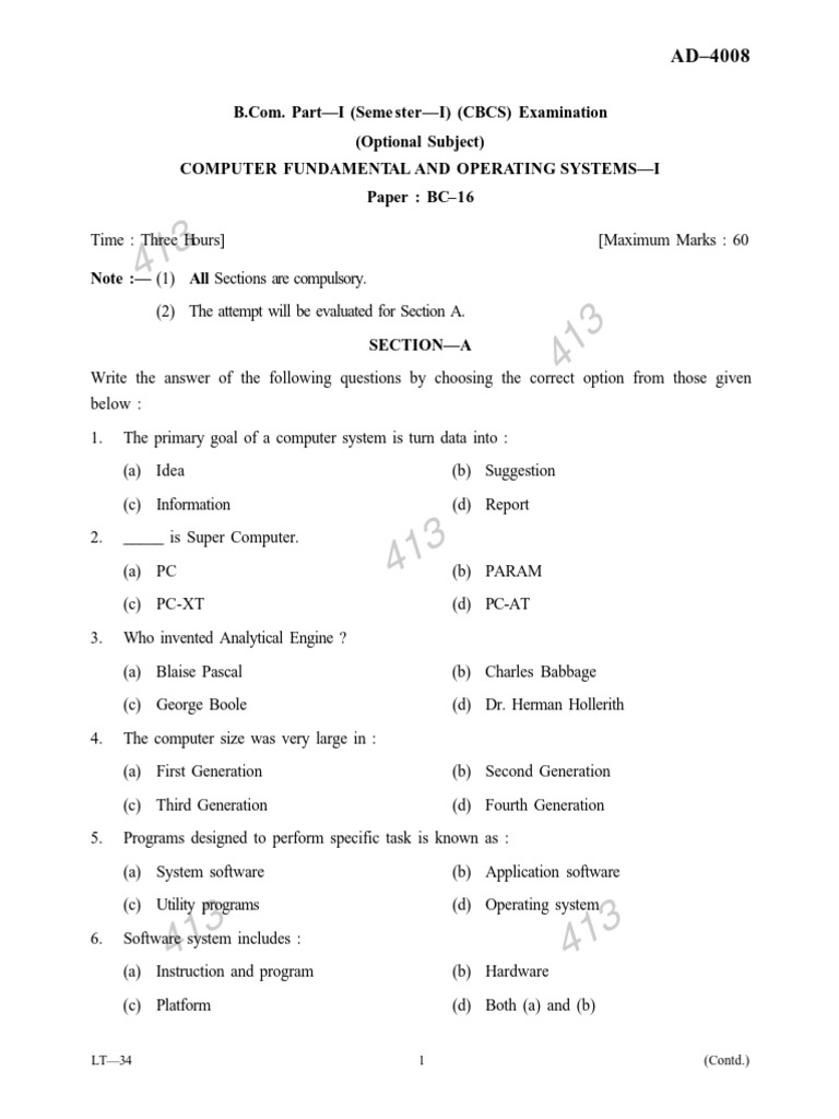 Bcom 1 Sem Computer Fundamental and Operating Systems Cbcs Ad 4008 S 2023 | PDF | Computer Data ...