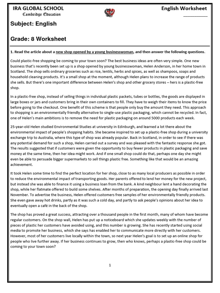 Grade 8 English UT 3 Worksheet | PDF | Zoo | Grocery Store