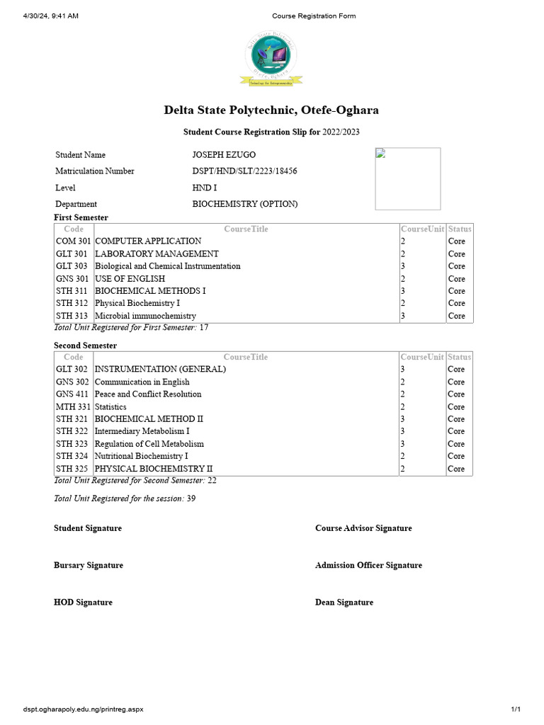 HND Biochemistry Course Registration 2022/23 | PDF | Health Sciences ...