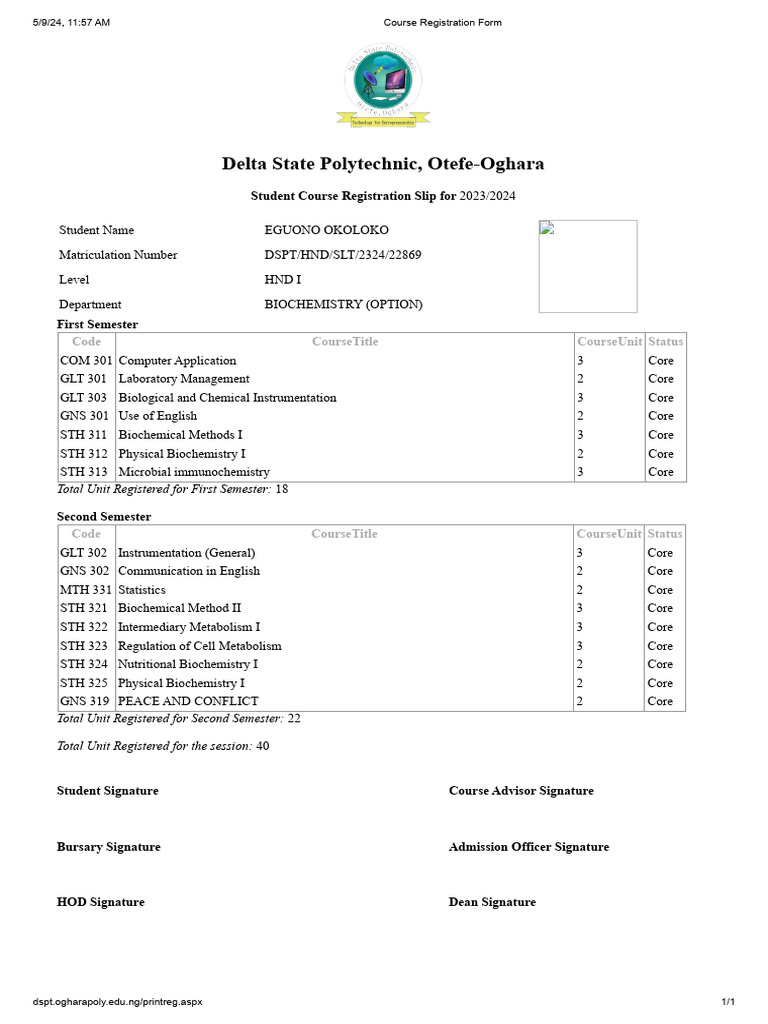 HND 1 BIOCHEMISTRY Course Registration Form | PDF | Chemistry | Health ...