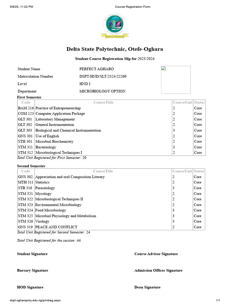 HND 1 MICROBILOGY Course Registration Form | PDF | Microbiology ...