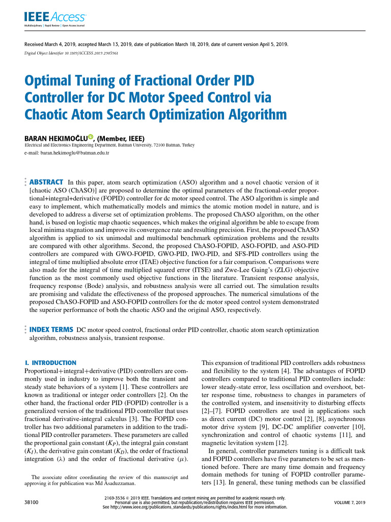 Optimal Tuning of Fractional Order PID Controller For DC Motor Speed Control Via Chaotic Atom ...