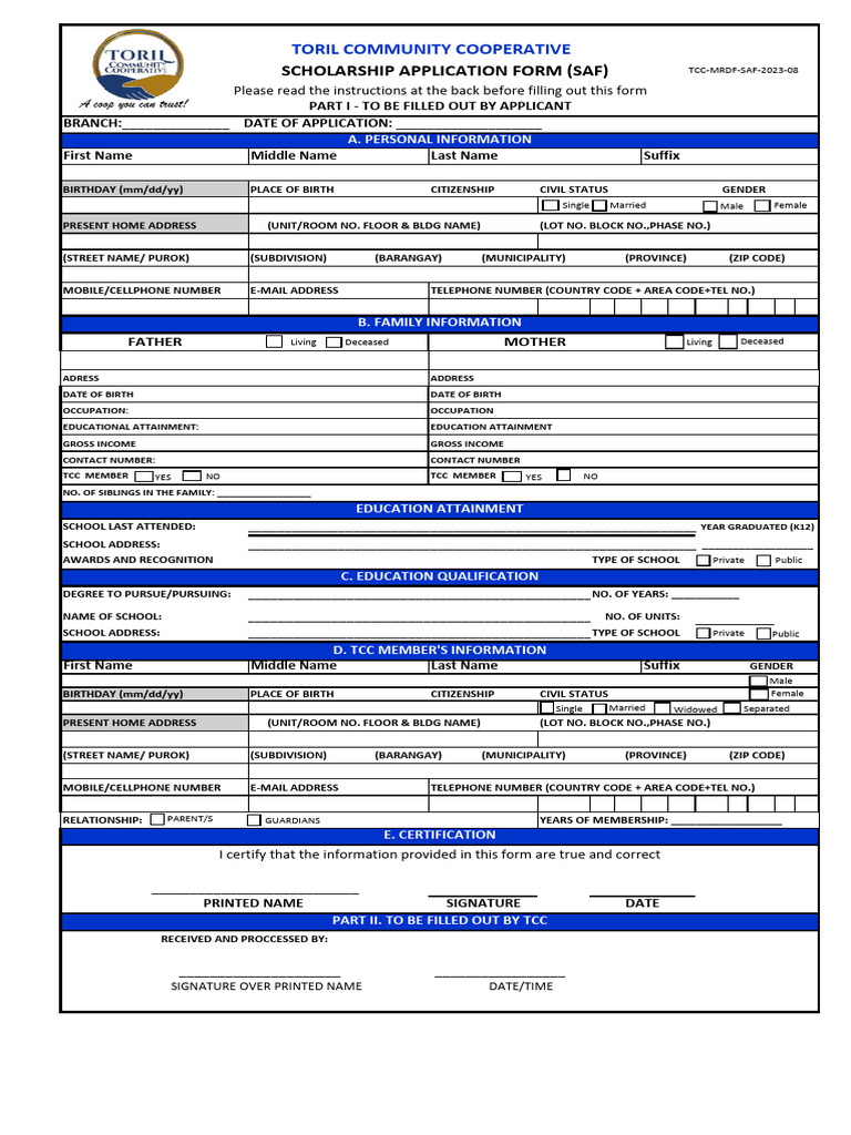 Toril Community Cooperative Scholarship Form | PDF