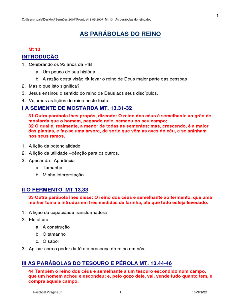 6372 - 02 - 13-05-2007 - Mateus 13 - AS PARÁBOLAS DO REINO | PDF | O Reino de Deus | Jesus