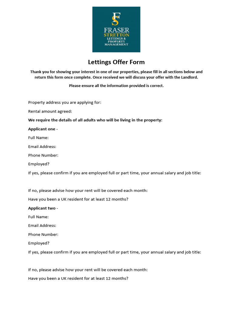 Fraser Stretton Lettings Offer Form - FILLABLE | PDF | Renting | Landlord