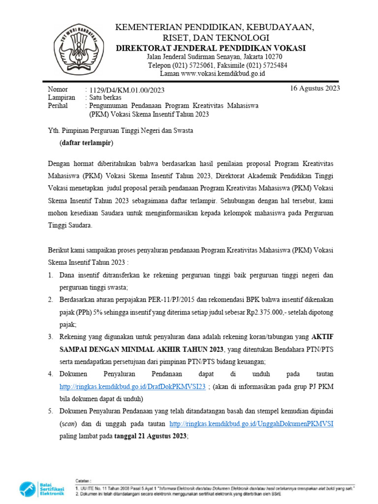 1129 - Surat Pengumuman Penerima Pendanaan PKM Vokasi Skema Insentif Tahun 2023 | PDF | Sains ...