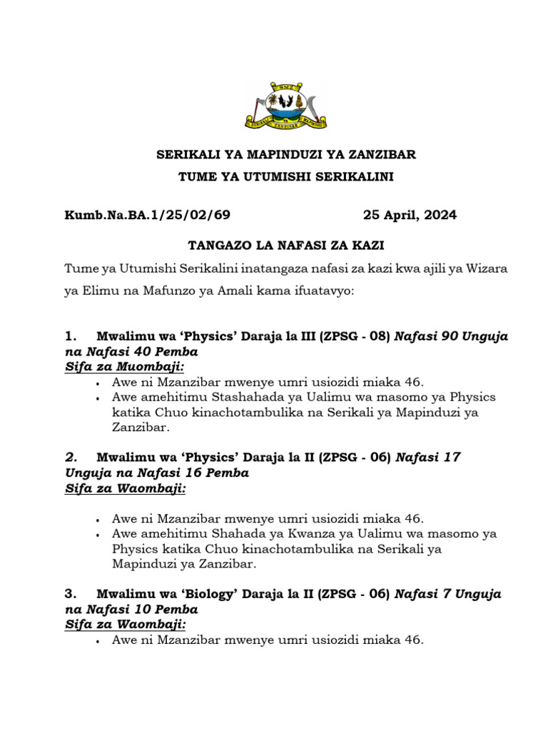 Ajira Za Walimu Zanzibar | PDF