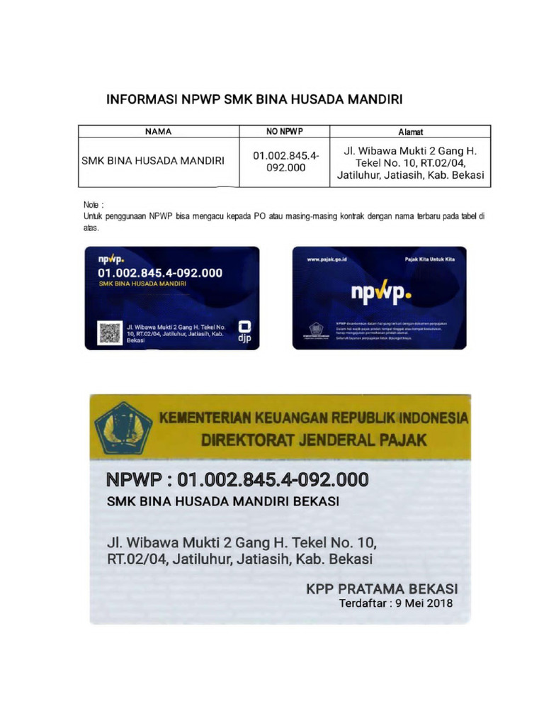 NPWP SMK BINA HUSADA MANDIRI | PDF