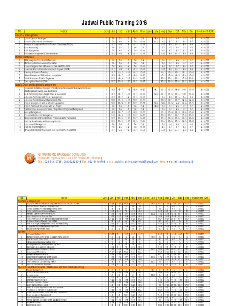 Jadwal FEI Training 2016 | PDF | Electric Generator | Logistics