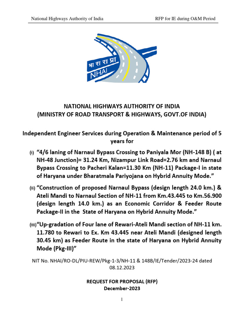 RFP PKG-1, 2 & 3 NH-11 & 148B IE | Download Free PDF | Request For Proposal | Accountant