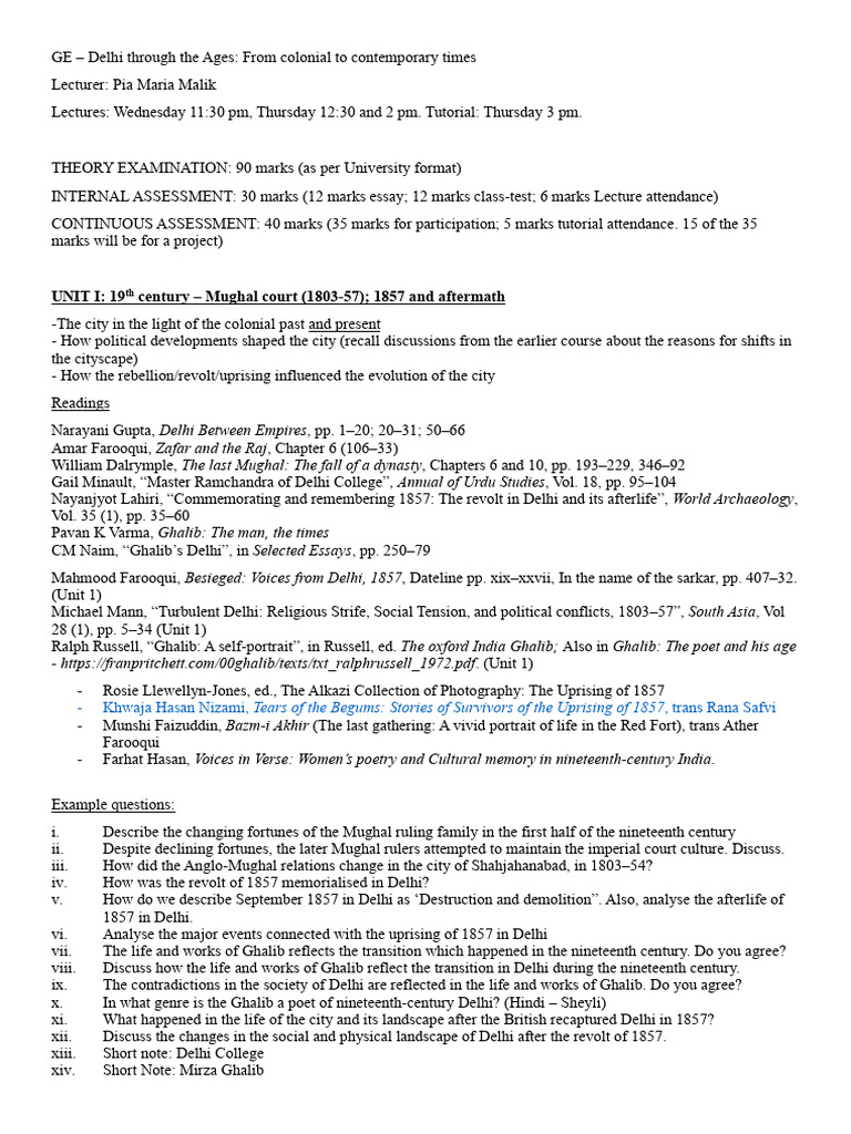 GE 2 - Delhi Through The Ages - Colonial To Contemporary - Syllabus ...