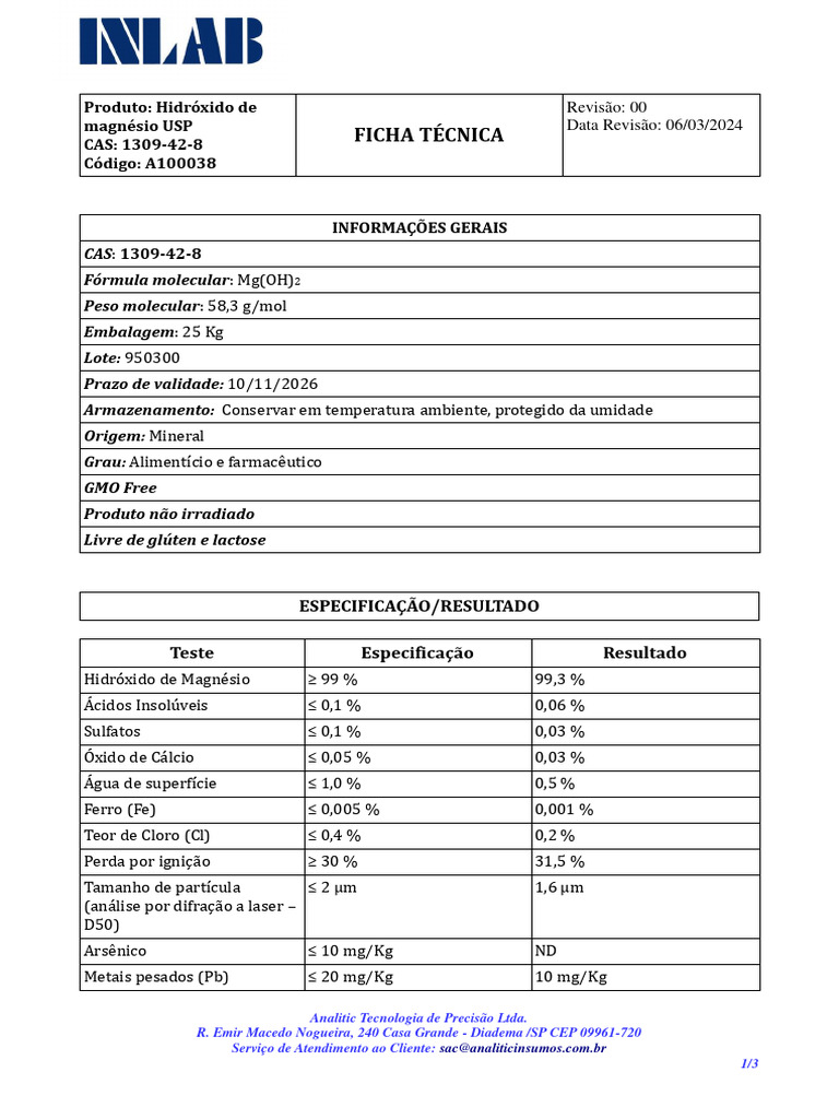Hidroxido de Magnésio USP - FICHA TÉCNICA - 950300 | PDF | Química