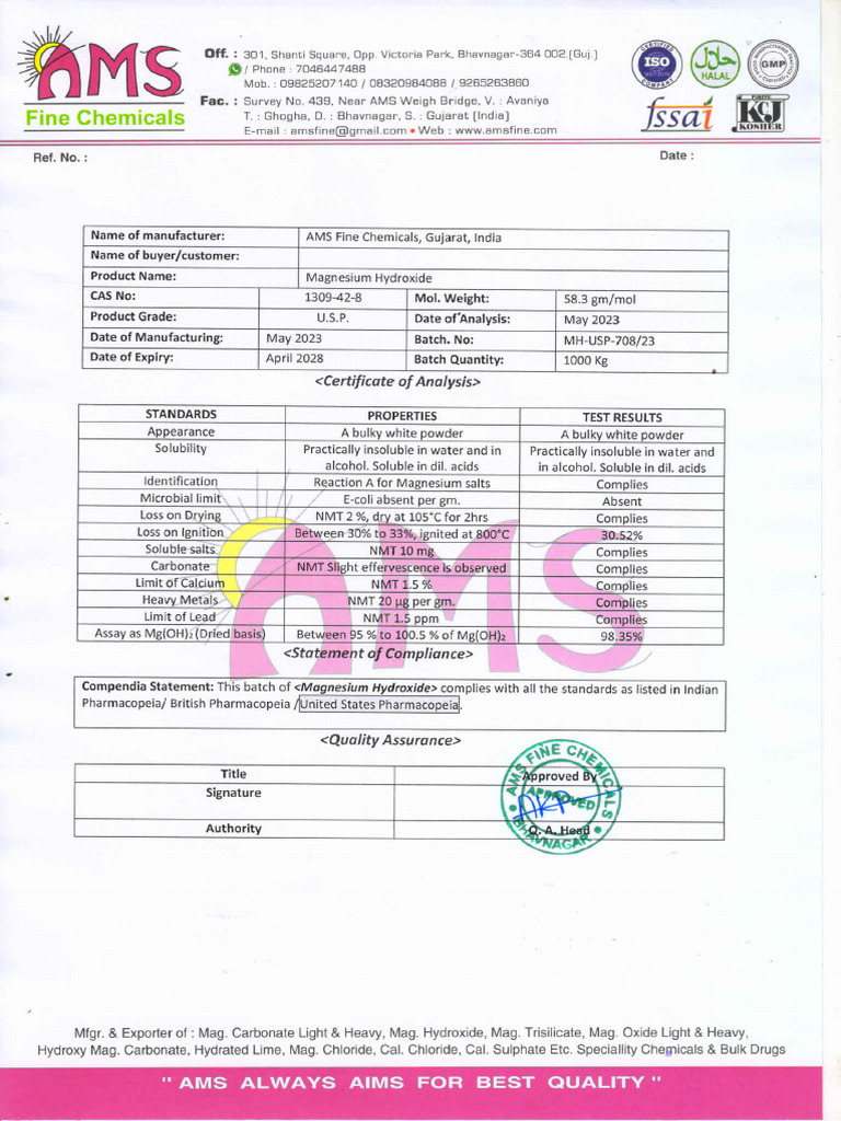 COA MH-USP (Latest 2023) | PDF