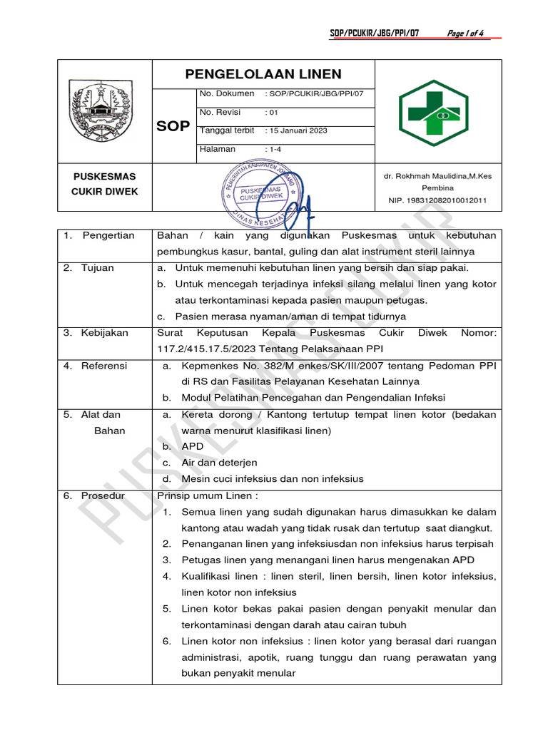 Sop Pcukir JBG Ppi 07 Sop Pengelolaan Linen | PDF | Pengembangan Diri | Kesehatan Holistik