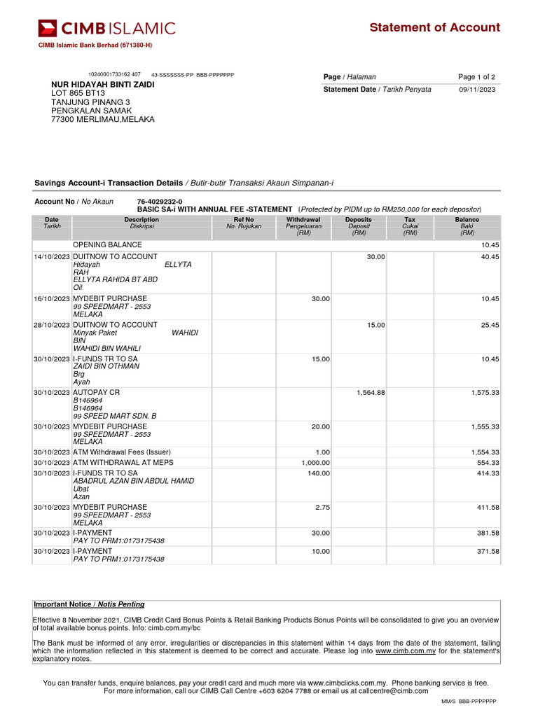 Statement of Account: LOT 865 BT13 Tanjung Pinang 3 Pengkalan Samak 77300 Merlimau, Melaka | PDF ...