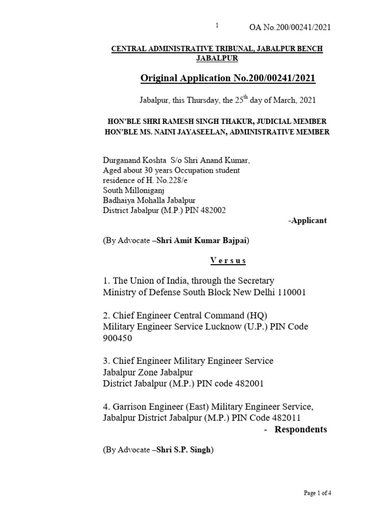 Original Application No.200/00241/2021: Central Administrative Tribunal ...