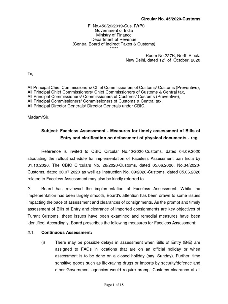 Circular No. 45 of 2020-Customs Faceless | PDF | Customs | Trade
