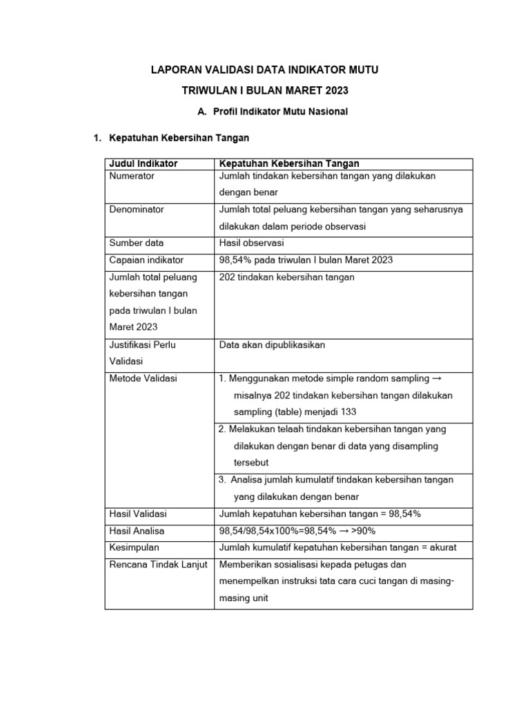 Laporan Validasi Data Indikator Mutu Bulan Maret 2023 | PDF
