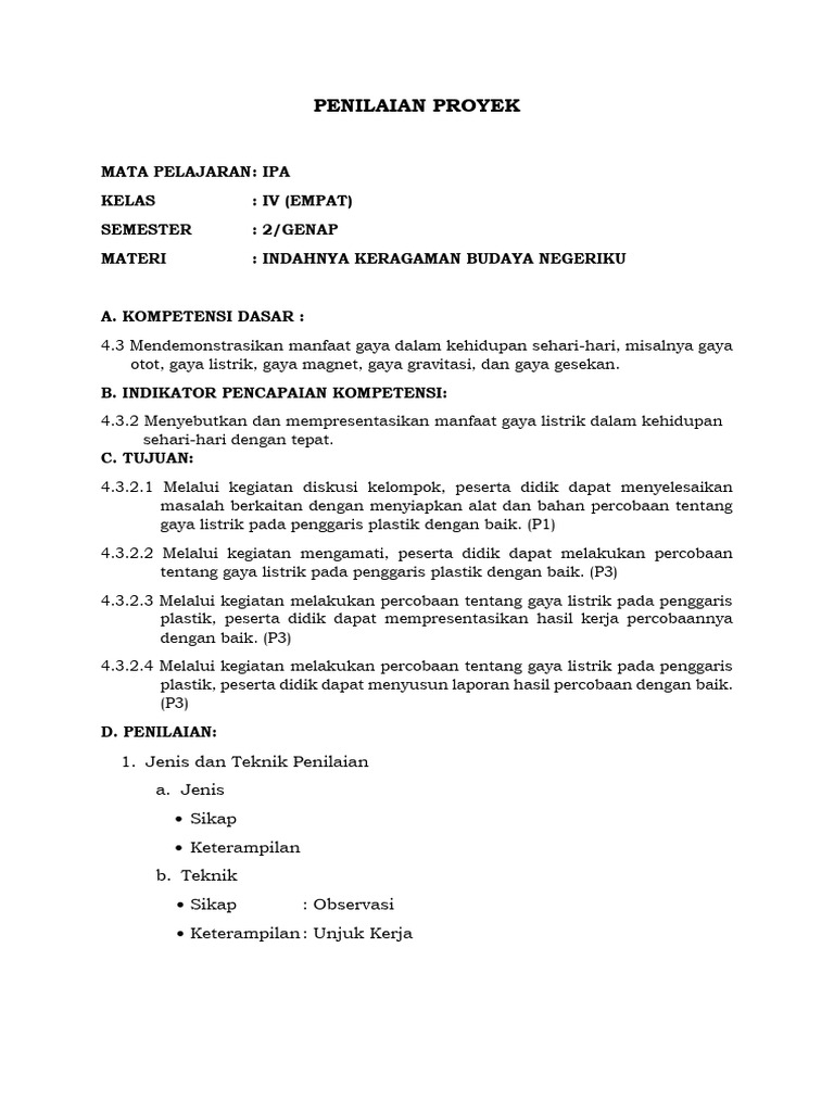 Penilaian Proyek Ipa Kelas 4 Sem 2 Pdf