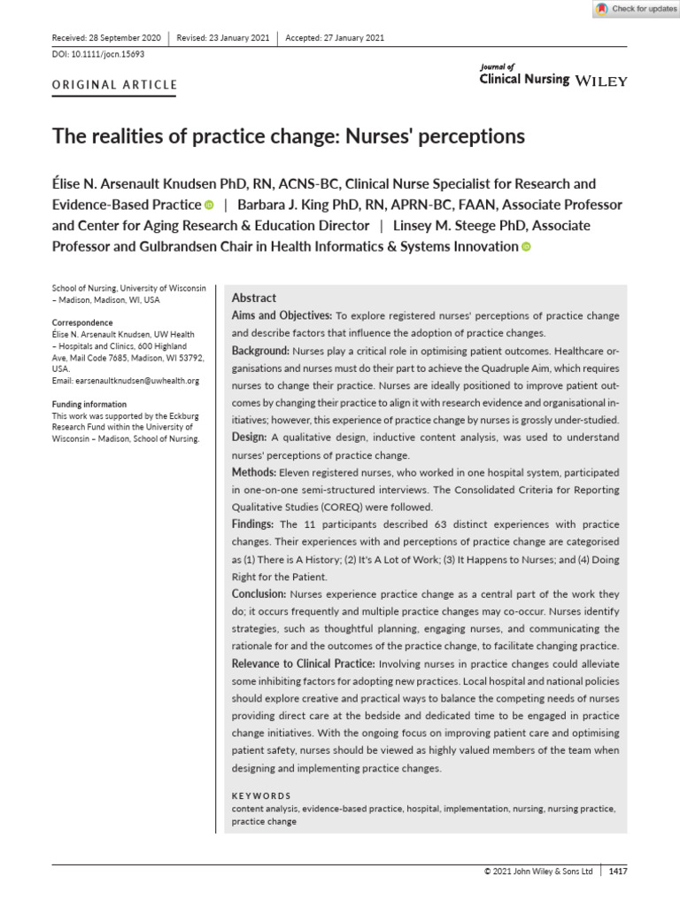 Knudsen 2021 Journal of Clinical Nursing - 2021 - The Realities of Practice Change Nurses ...
