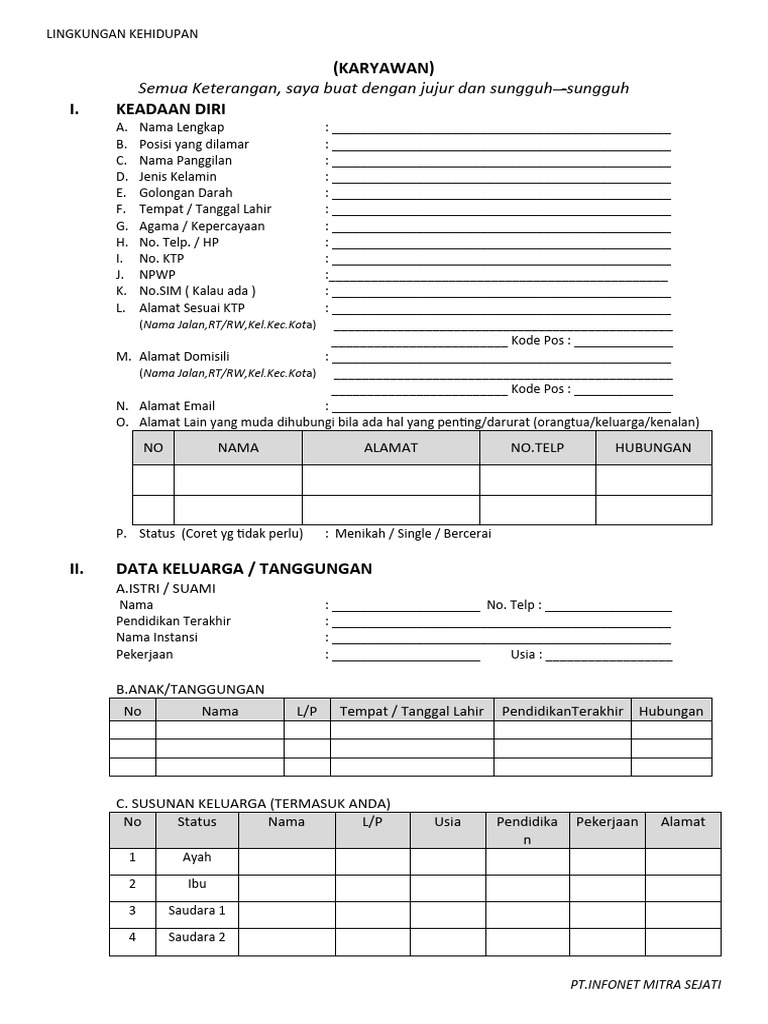 Formulir Data Karyawan Lengkap | PDF | Karier & Perkembangan