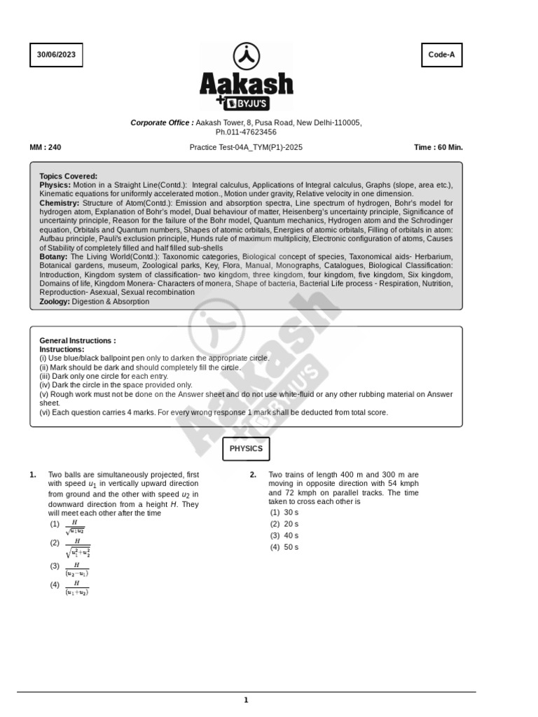 Practice-Test-04A_TYM(P1)-2025 | PDF | Atomic Orbital | Stomach