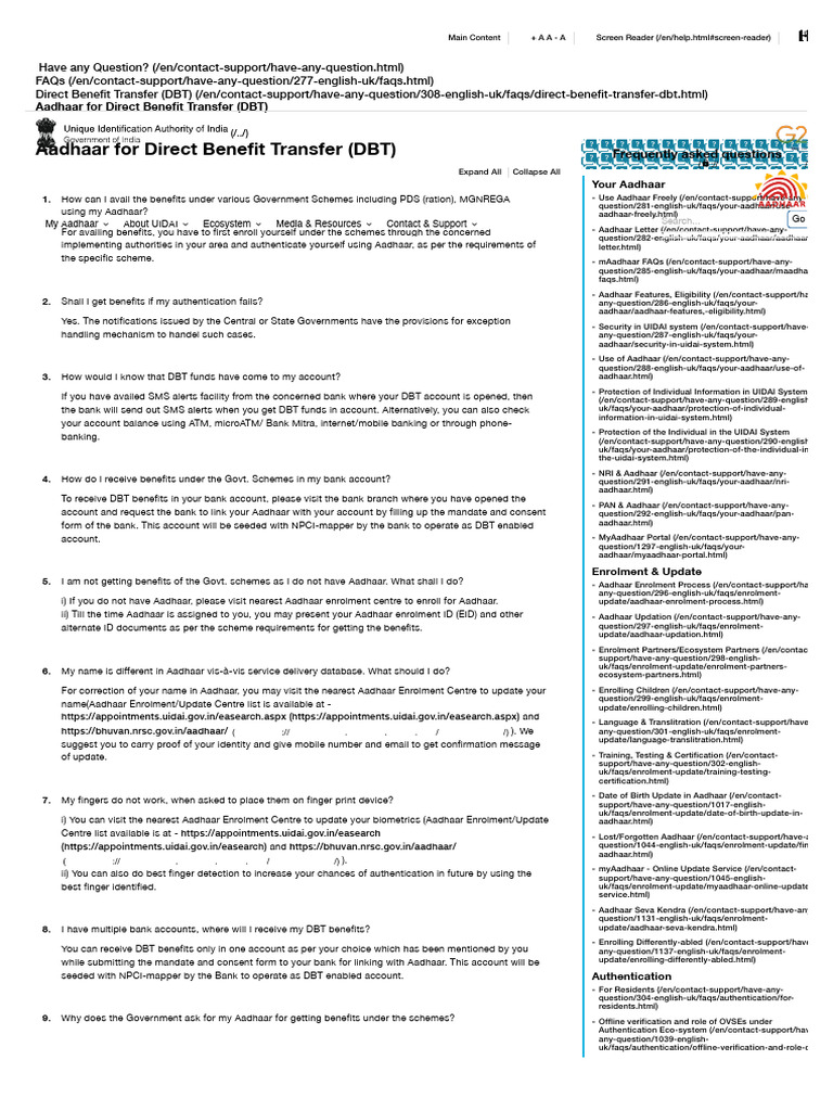 Aadhaar For Direct Benefit Transfer (DBT) - Unique Identification ...