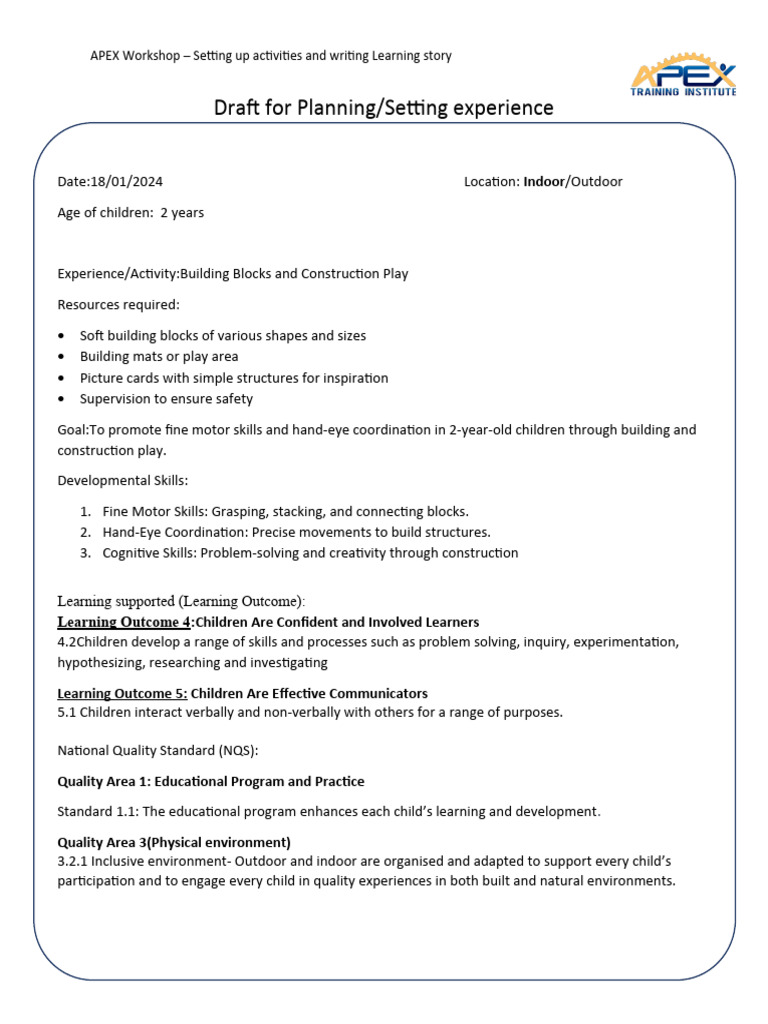 EYLF activity template | Download Free PDF | Learning | Psychology