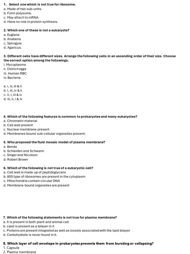 Cell Biology Practice PT-1 | PDF | Cell Membrane | Cell (Biology)