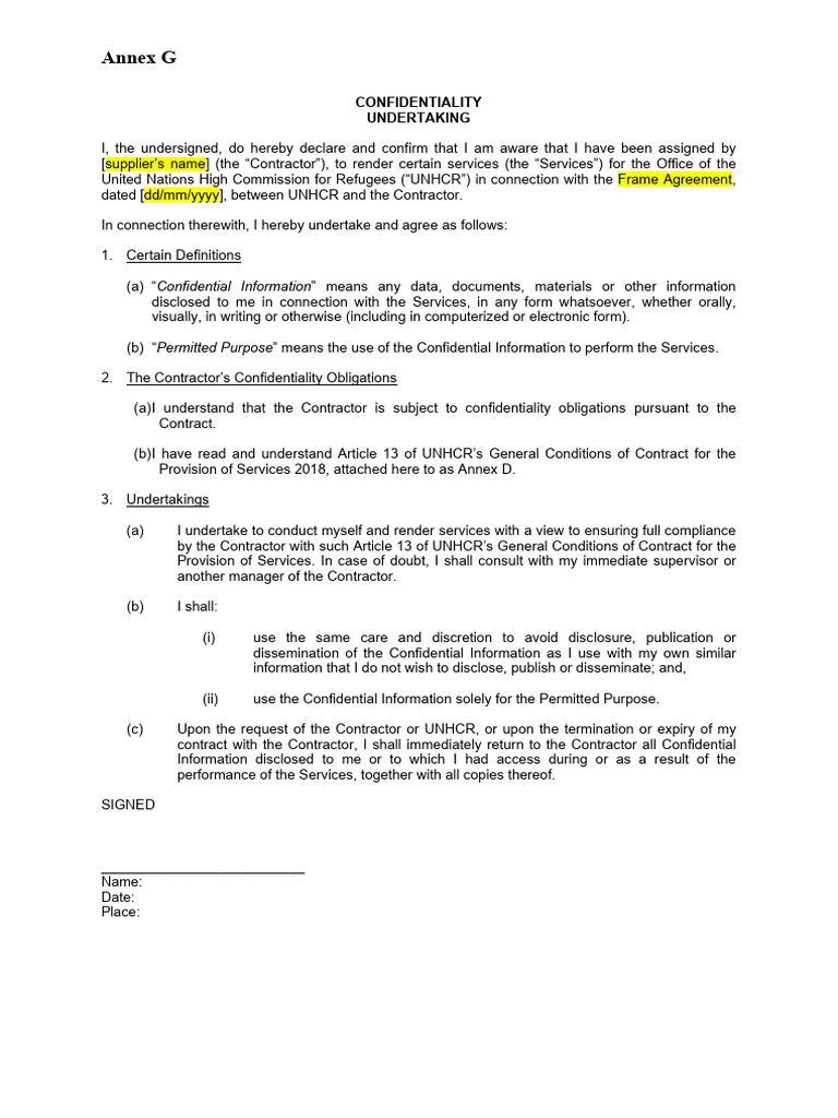 Annex H - Confidentiality Undertaking Form | PDF | Confidentiality ...