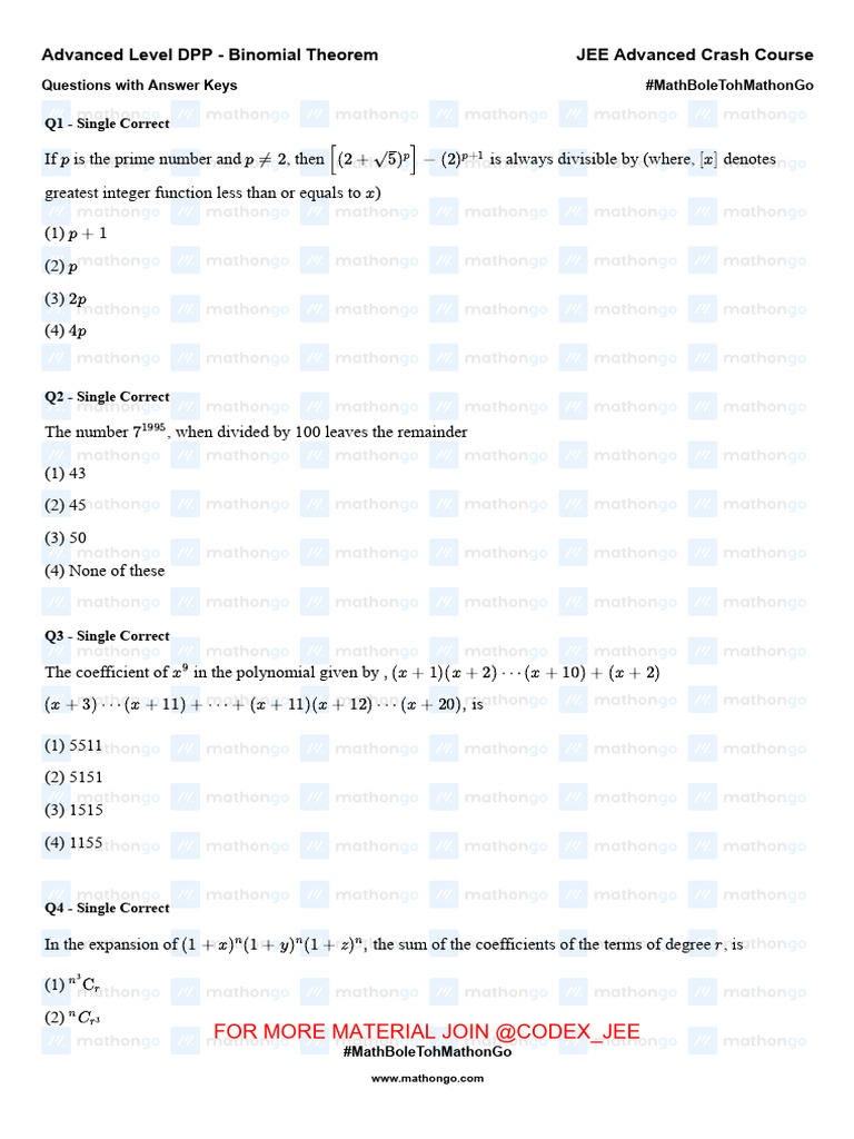 Binomial Theorm Advance DPP | PDF | Mathematical Analysis | Number Theory