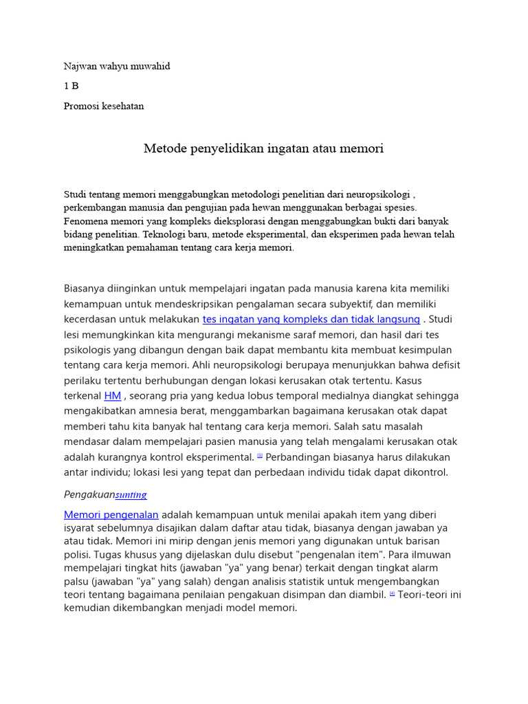 Metode Penyelidikan Ingatan Atau Memori | PDF