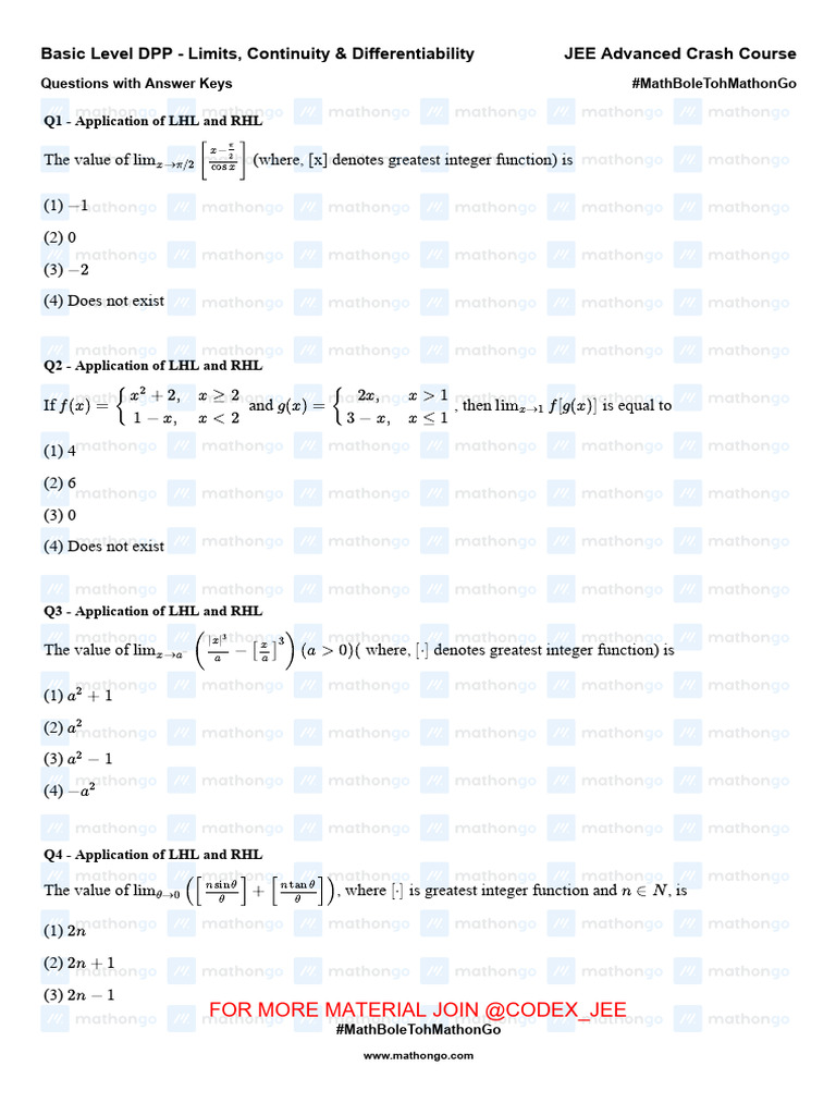 Basic Level DPP Limits Continuity Differentiation Codex | PDF | Function (Mathematics ...