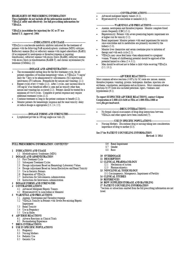 Azacitidine VIDAZA Package Insert | PDF | Dose (Biochemistry) | Chemistry