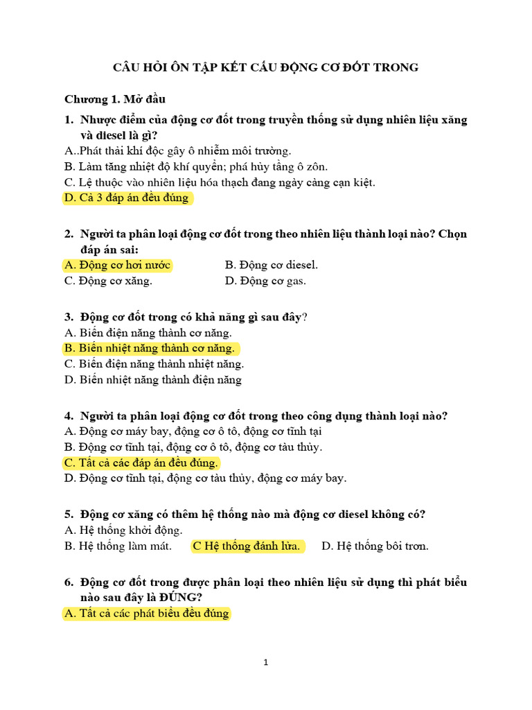 Câu hỏi ôn tập kết cấu động cơ đốt trong HK231 Gởi SV | PDF