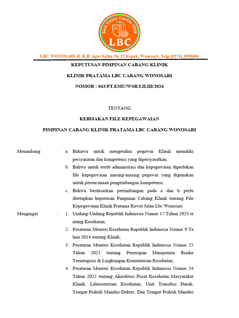 Kebijakan File Kepegawaian Klinik LBC | PDF