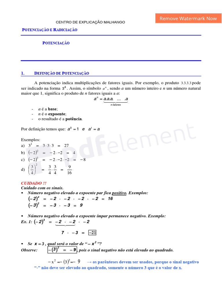 Potenciacao-E-Radiciacao - Exercicios | PDF | Exponenciação | Álgebra ...