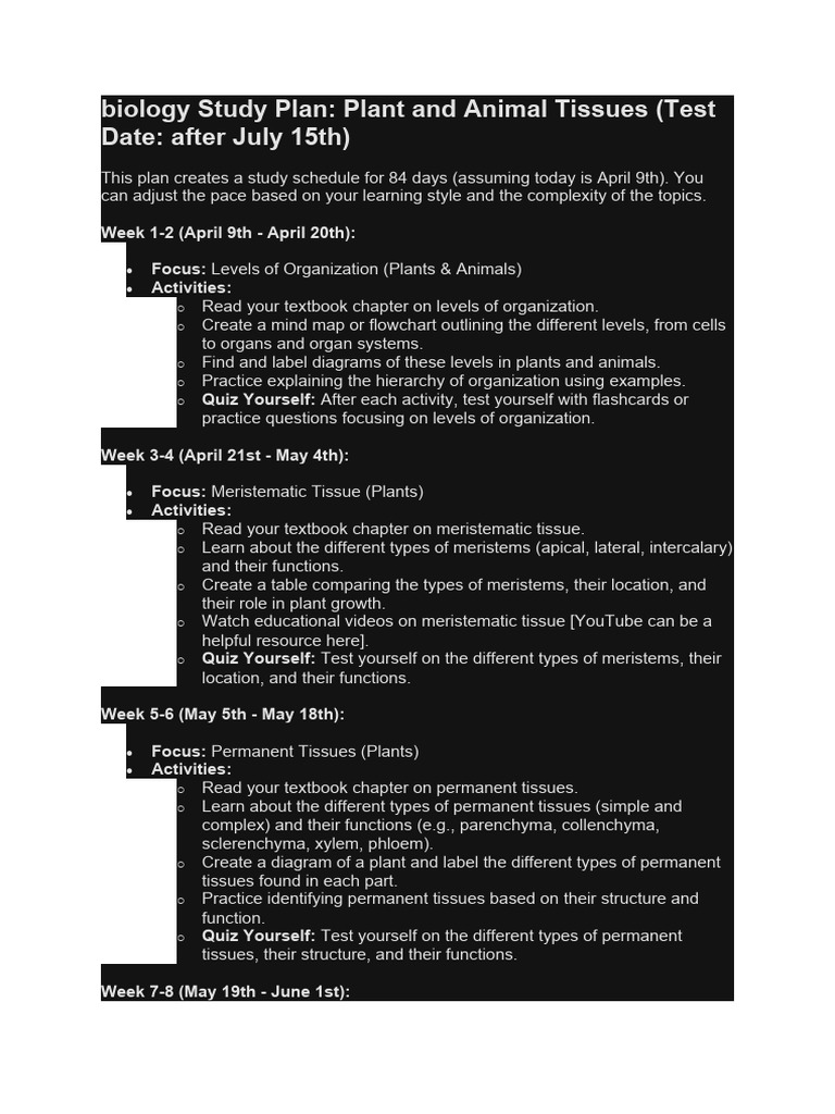 Biology Study Plan | PDF | Epithelium | Tissue (Biology)