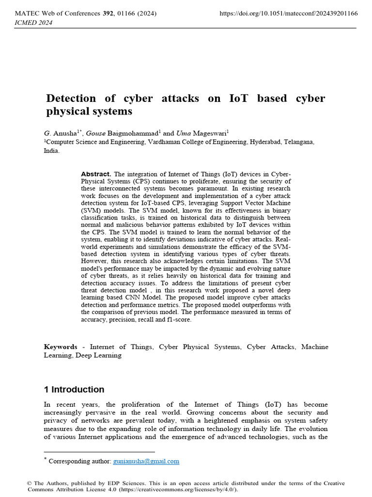Detection of Cyber Attacks On IoT Based Cyber Phys | PDF | Machine Learning | Internet Of Things