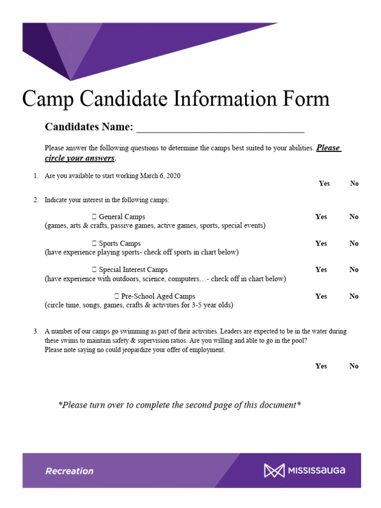 Camp Leader Application Form | PDF | Sports