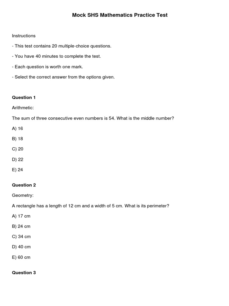 Mock SHS Mathematics Practice Test | Download Free PDF | Mathematics ...