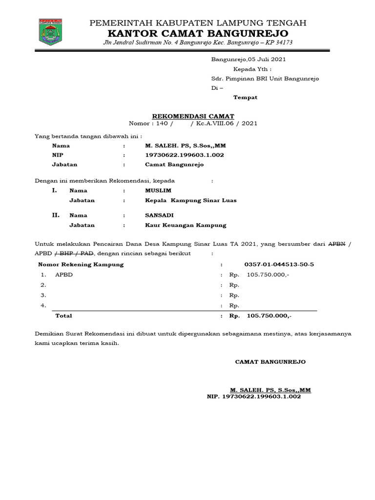 Surat Rekomendasi Camat | PDF