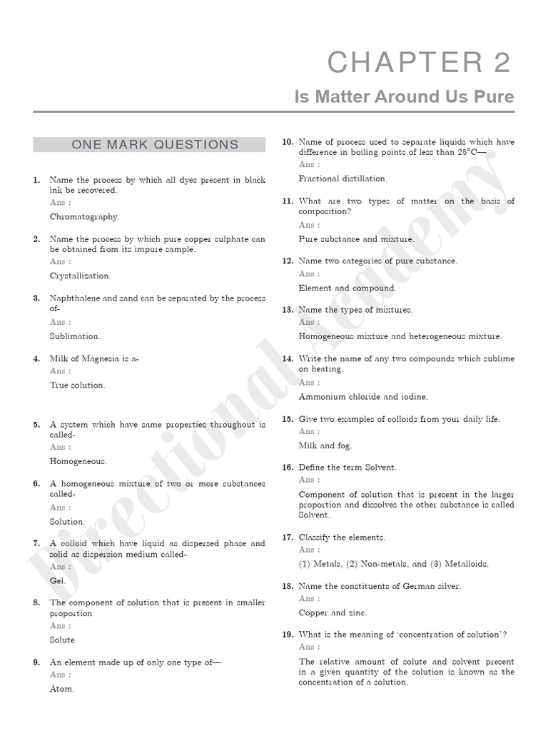 CBSE Chapter 2 Is Matter around us Pure Most IMP Questions | Download Free PDF | Mixture ...