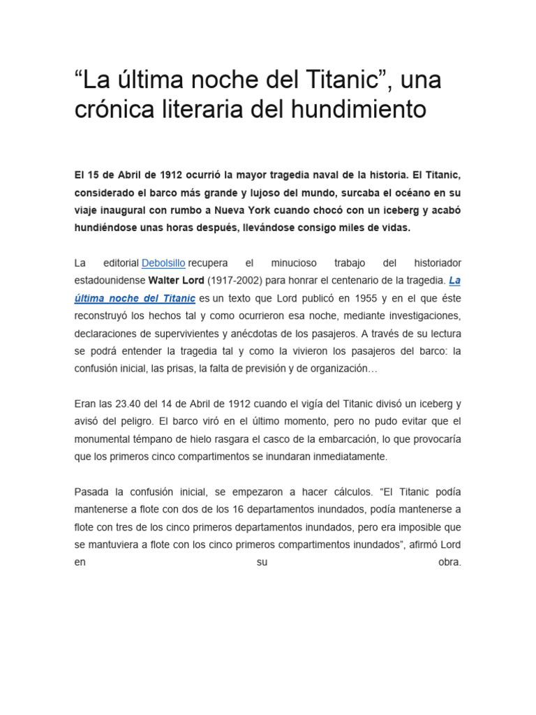 Cronica Periodistica El Titanic | PDF | Naufragios | Desastres Maritimos